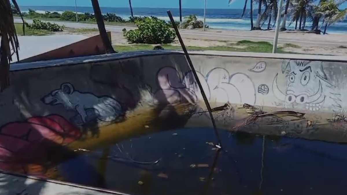 VÍDEO: Pista de skate alagada vira foco de dengue e preocupa moradores da Praia do Flamengo; assista