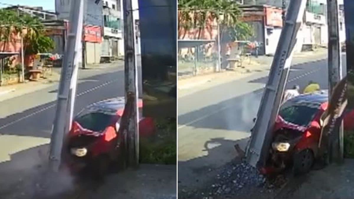 VÍDEO: Homens escapam de incêndio após carro bater em poste em Salvador