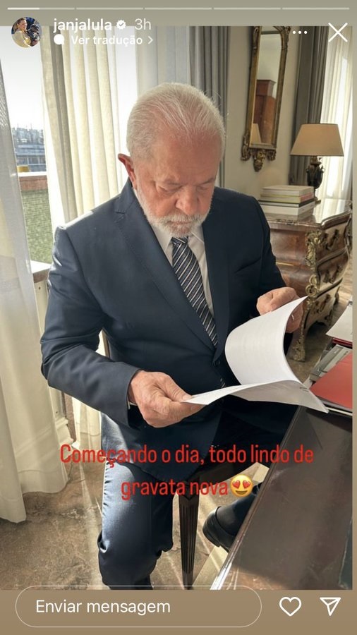 'Todo lindo de gravata nova', diz Janja sobre Lula; veja foto