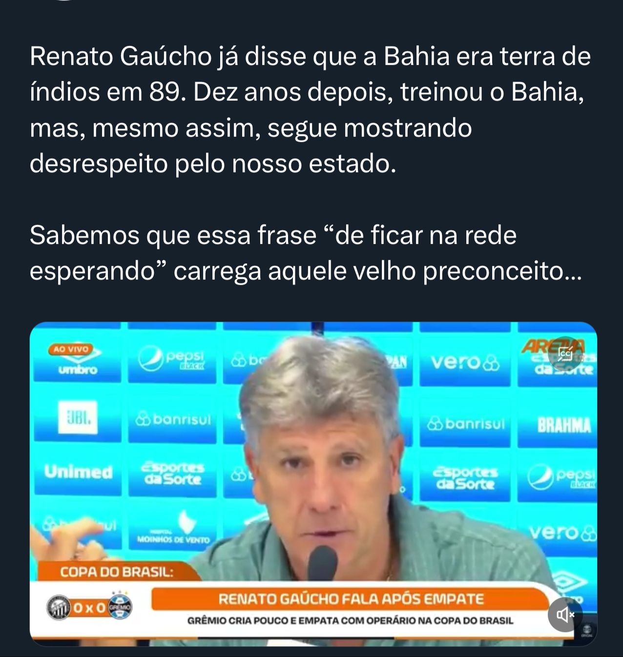 Renato Gaúcho é acusado de xenofobia após comentário sobre elenco do Bahia; assista