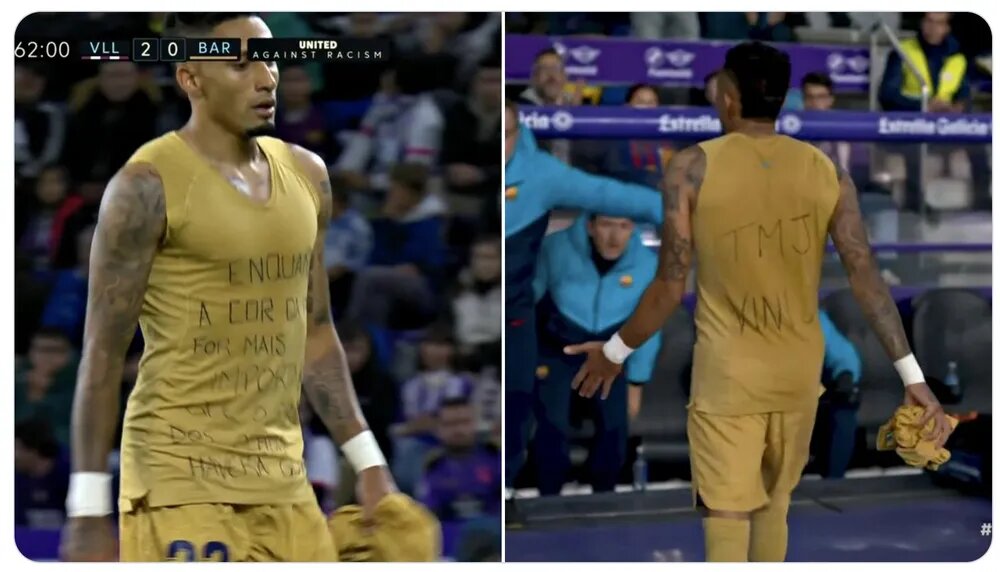 Raphinha tira a camisa e homenageia Vini Jr. em jogo do Barcelona; veja